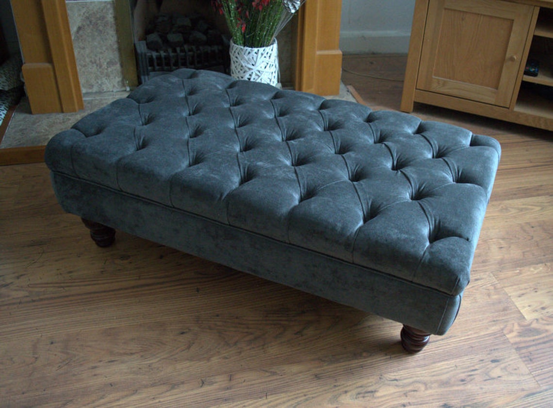 Chesterfield Deep Buttoned Footstool in Crush Charcoal Fabric | Etsy