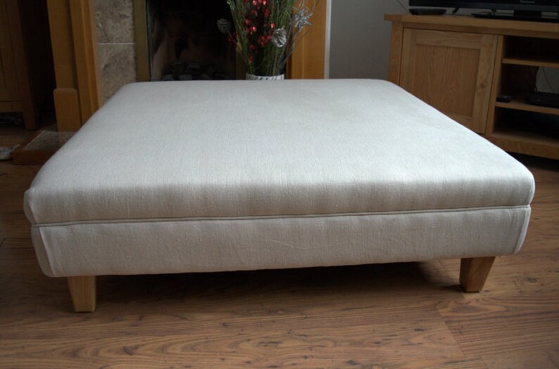 Extra Large Flat Top Footstool in 100% Danila White Sand Linen With Oak ...