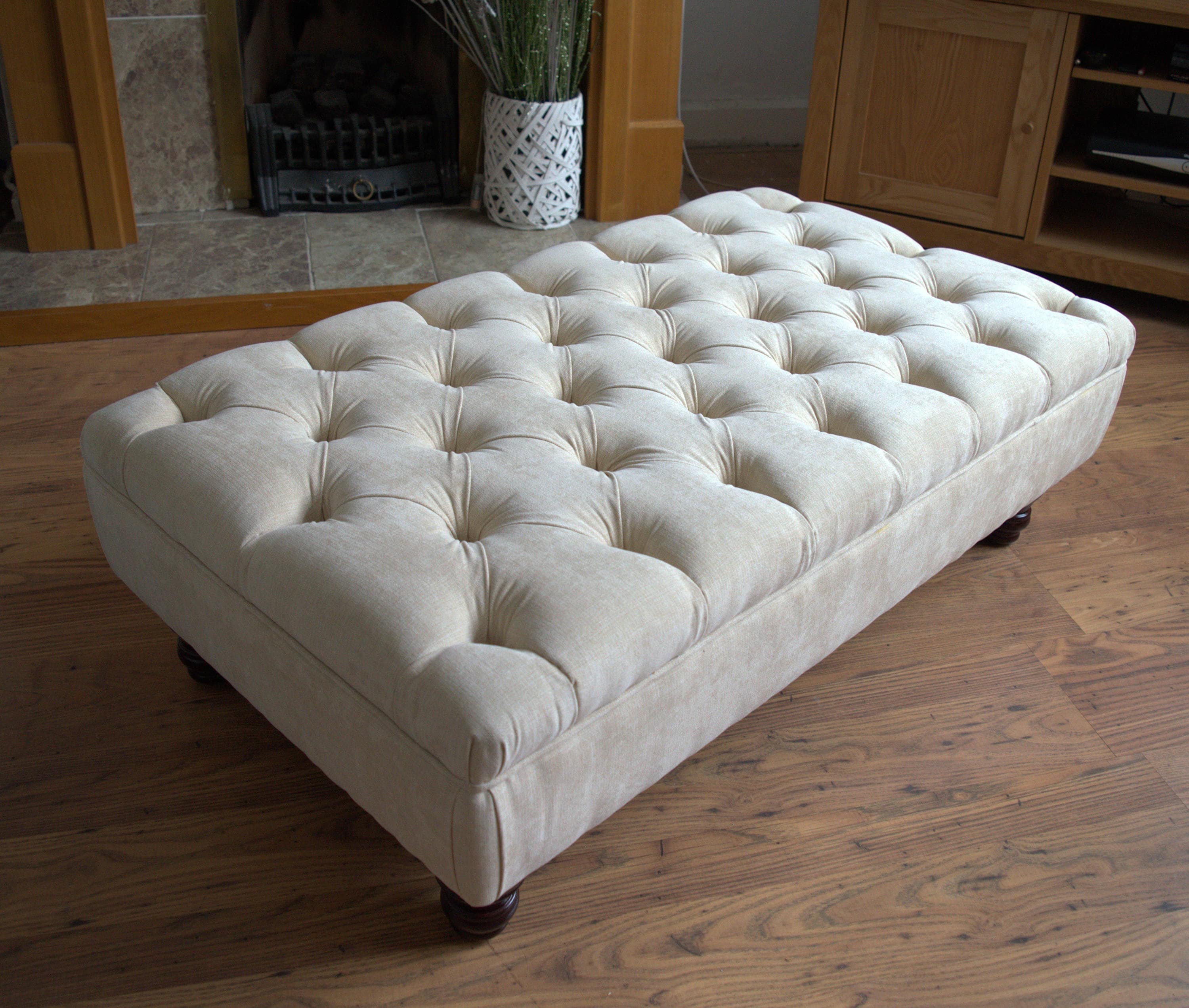 Chesterfield Deep Buttoned Footstool in Casino Beige Fabric With Turned ...