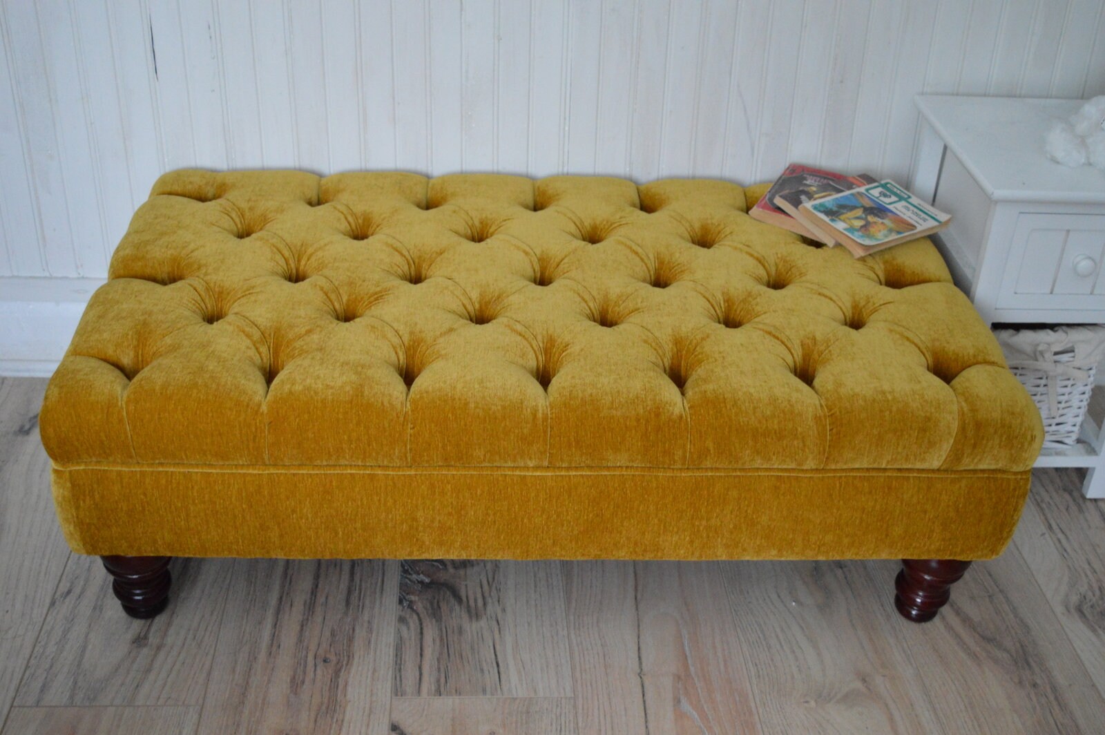 Chesterfield Deep Buttoned Footstool in a Plush Turmeric | Etsy UK