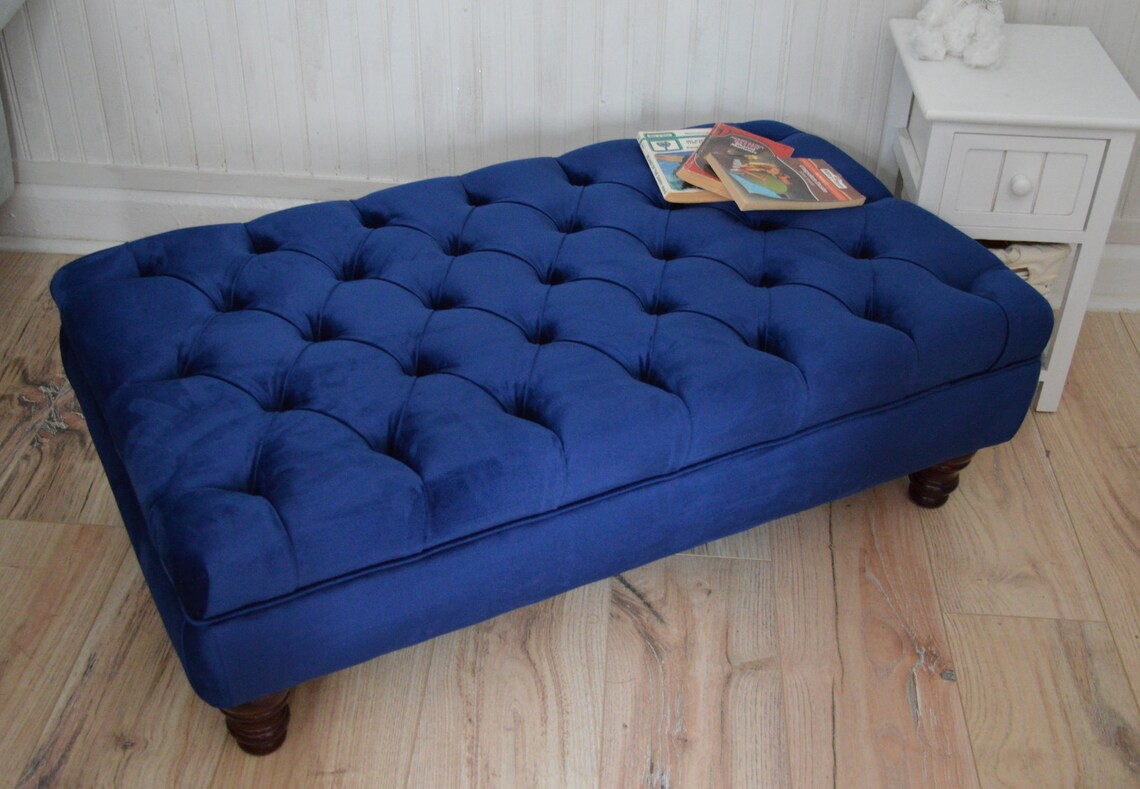 Chesterfield Deep Buttoned Footstool in Royal Blue Velvet With Mahogany ...