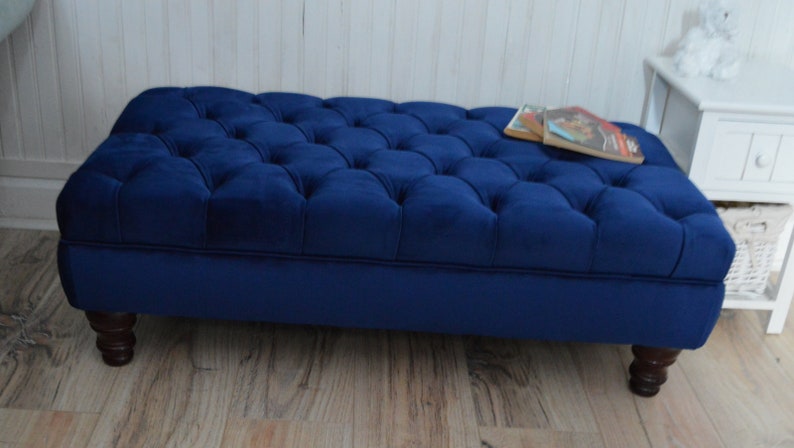 Chesterfield Deep Buttoned Footstool in Royal Blue Velvet With Mahogany ...