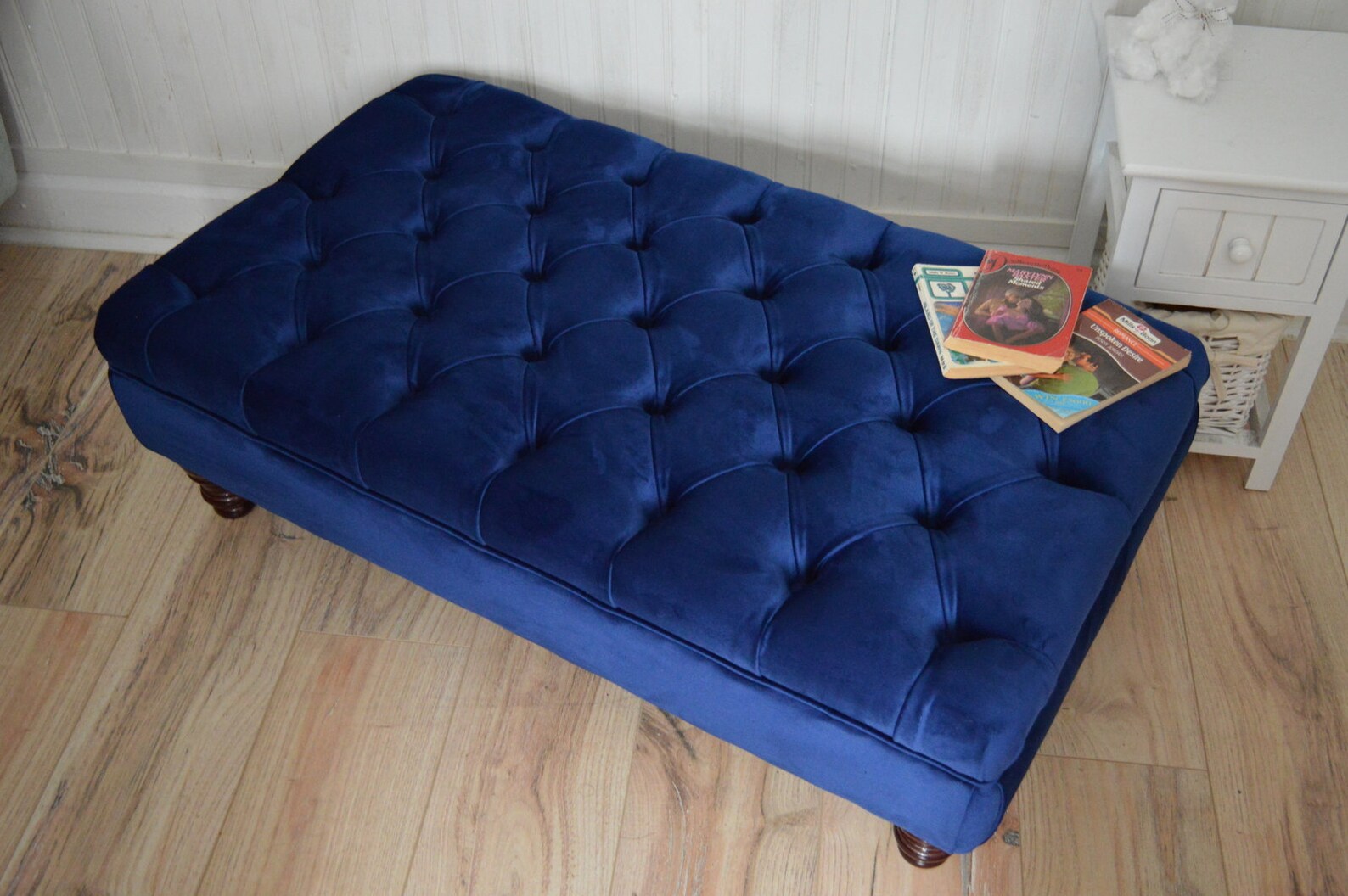 Chesterfield Deep Buttoned Footstool in Royal Blue Velvet With Mahogany ...