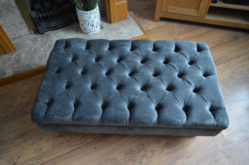 Chesterfield Deep Buttoned Footstool in Crush Charcoal Fabric With ...