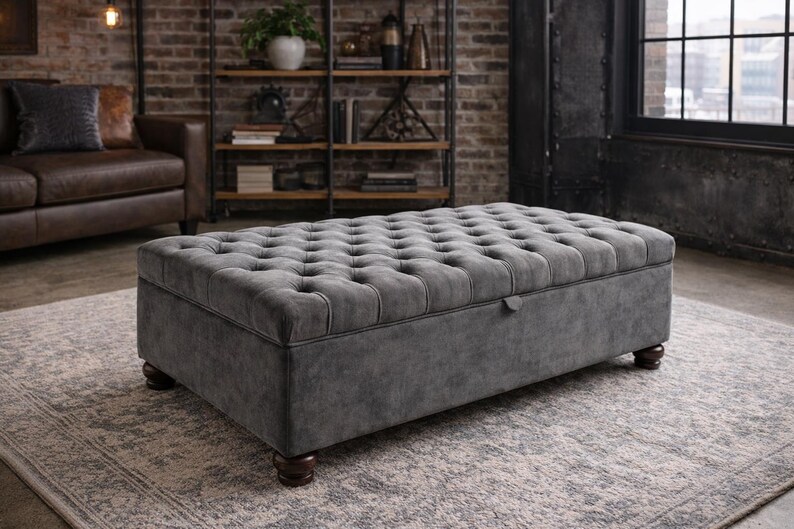 Extra Large Chesterfield Storage Ottoman Footstool in Grey Velvet Hard ...