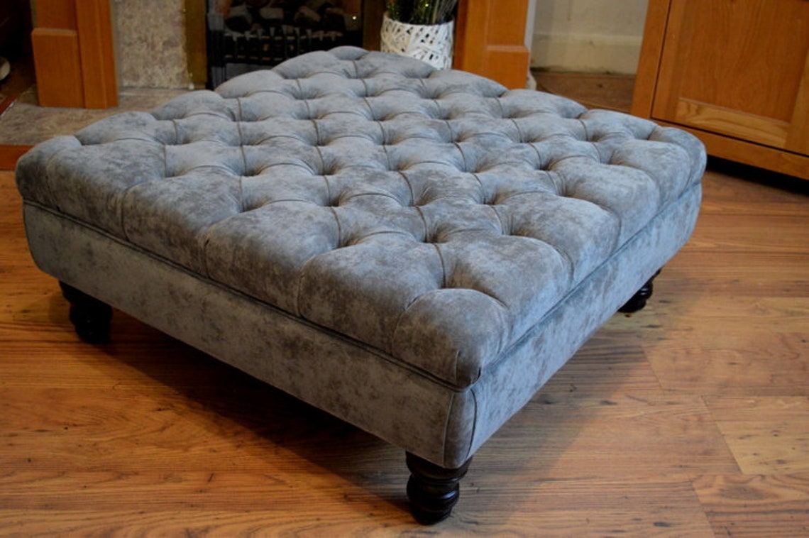 Square Design Chesterfield Footstool in Crush Grey Fabric | Etsy