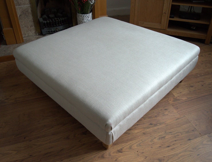Extra Large Flat Top Footstool in 100% Danila White Sand Linen With Oak ...