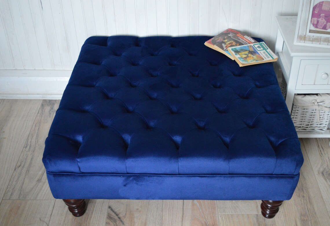Chesterfield Deep Buttoned Footstool in Navy Blue Velvet With - Etsy ...