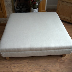 Extra Large Flat Top Footstool in 100% Danila White Sand Linen With Oak ...