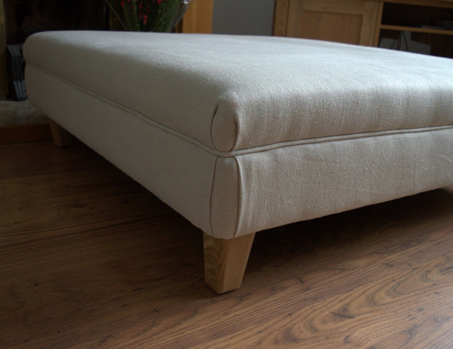 Extra Large Flat Top Footstool in 100% Danila White Sand Linen With Oak ...