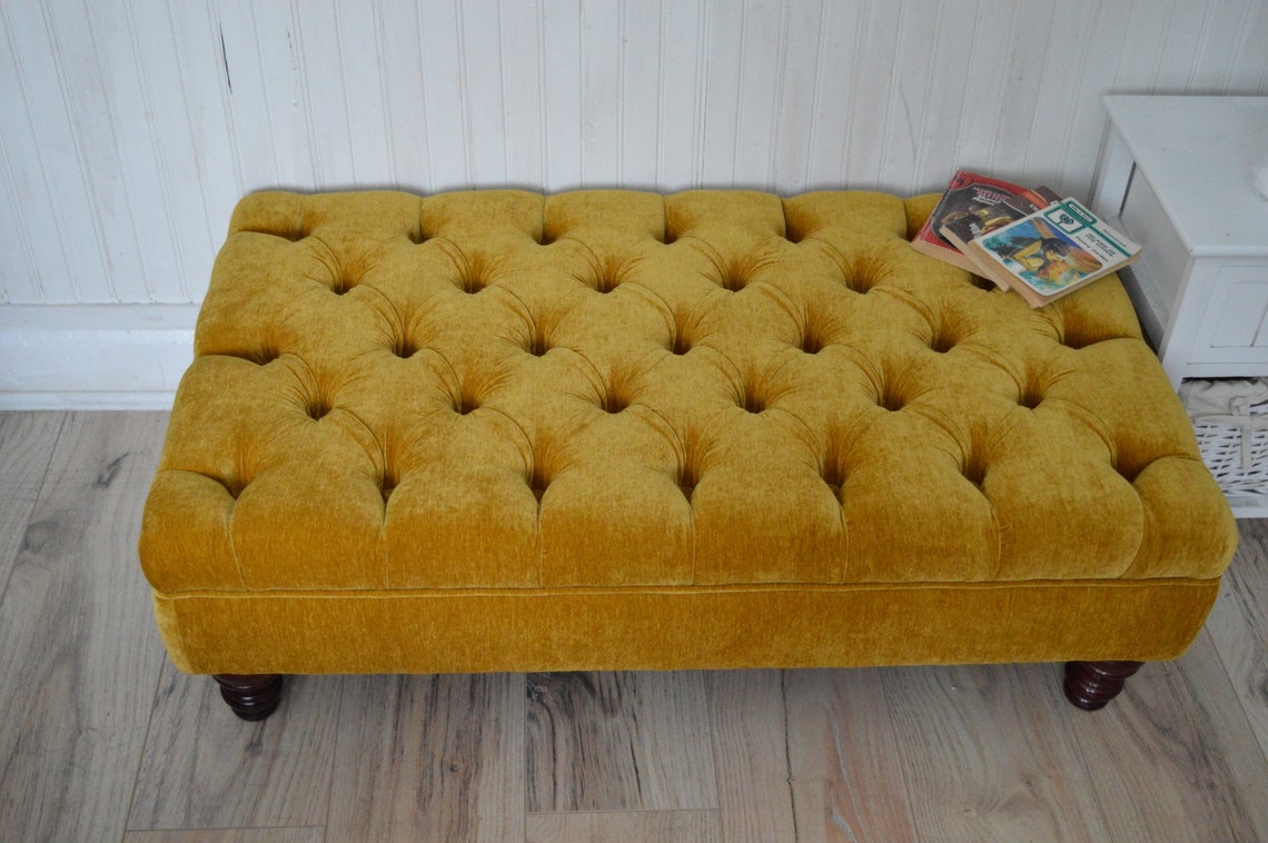 Chesterfield Deep Buttoned Footstool in a Plush Turmeric - Etsy