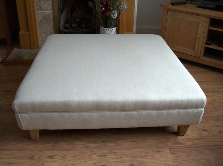 Extra Large Flat Top Footstool in 100% Danila White Sand Linen With Oak ...