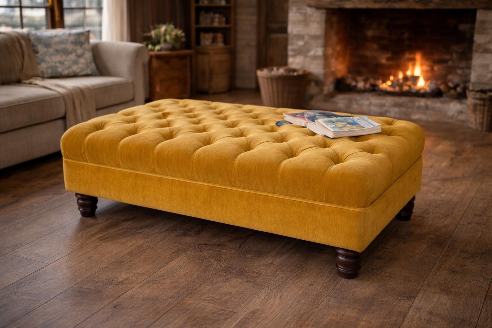 Chesterfield Deep Buttoned Footstool in a Plush Turmeric Velvet With ...