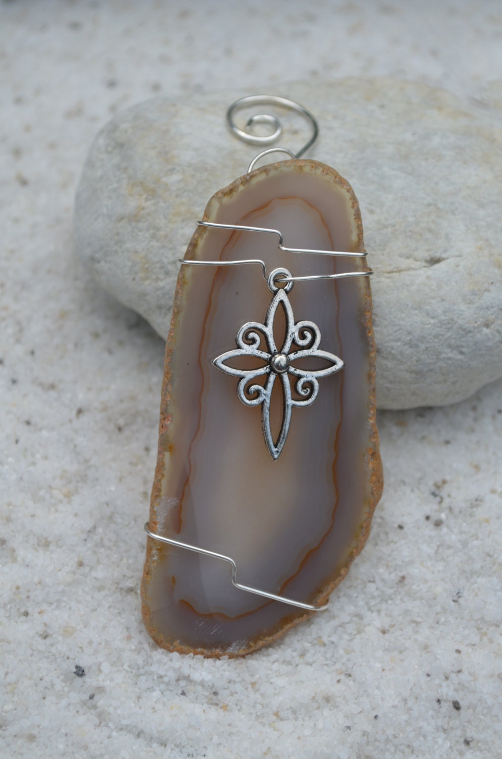 Natural Sliced Agate Wire Wrapped Ornament With a Silver Charm - Etsy