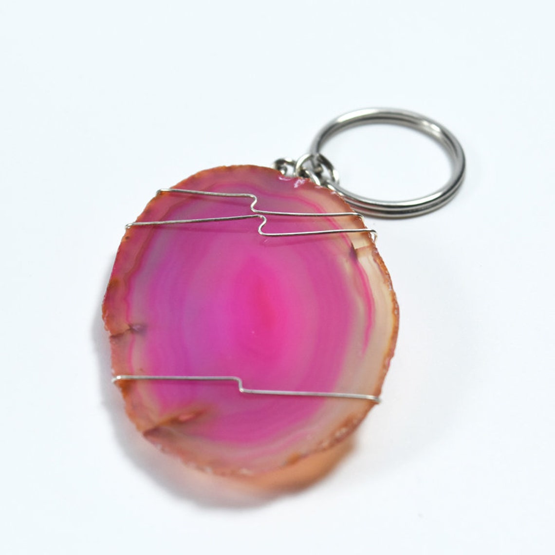 Custom Pink Agate Sliced Wire Wrapped Keychain - Etsy