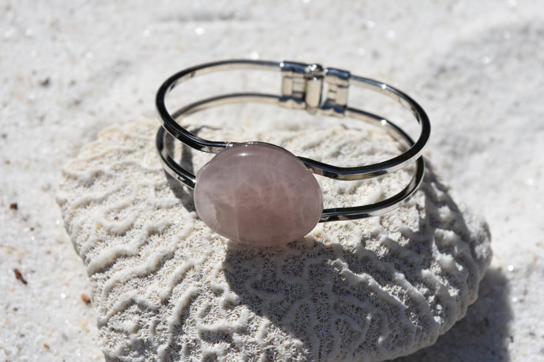 Rose Quartz Stone Silver Bangle Cuff Bracelet - Etsy