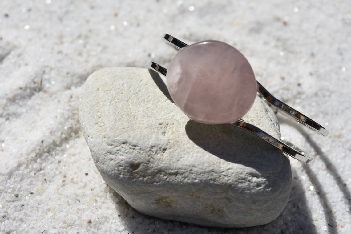 Rose Quartz Stone Silver Bangle Cuff Bracelet - Etsy