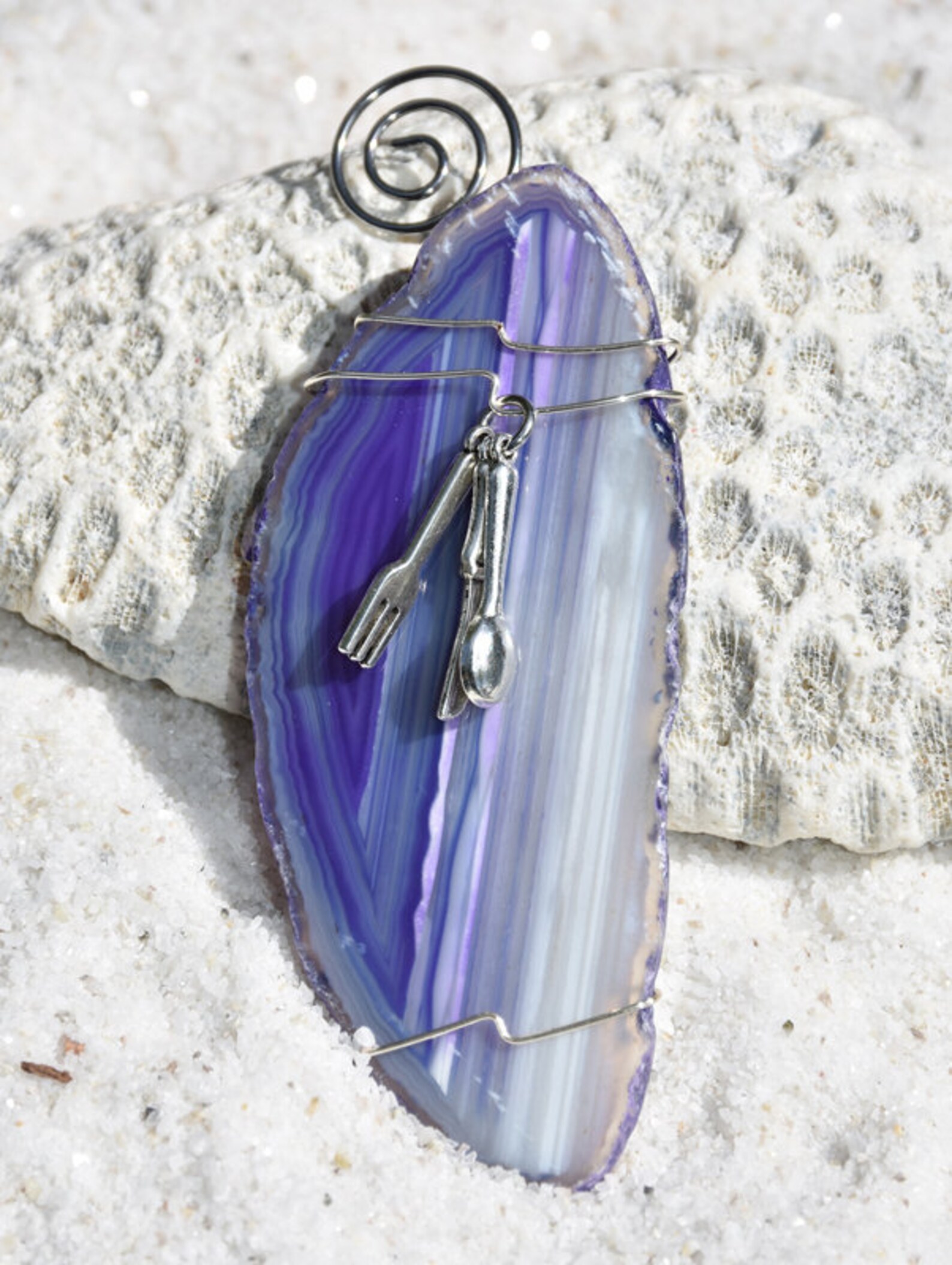 Custom Handmade Agate Slice Ornament With Silver Eating Utensils Charm ...