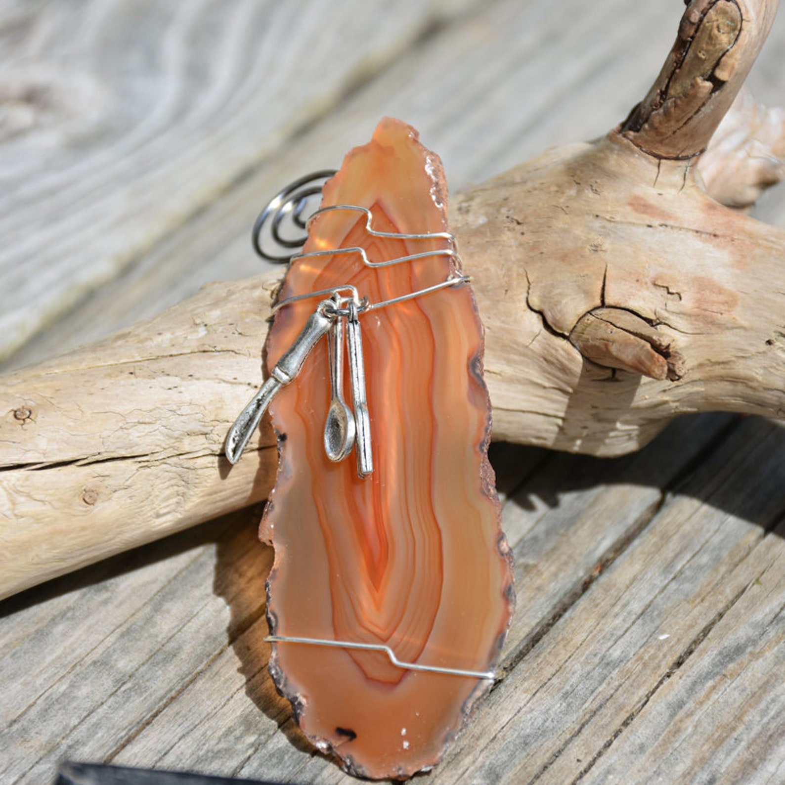 Custom Handmade Agate Slice Ornament With Silver Eating Utensils Charm ...