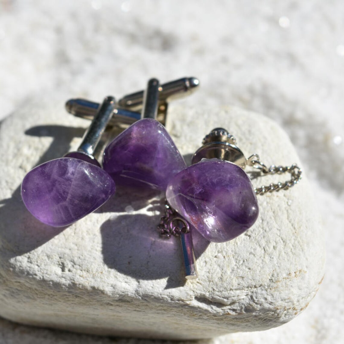 Custom Amethyst Stone Cufflinks and Tie Tack Set - 1 Pair Cufflinks, 1 ...