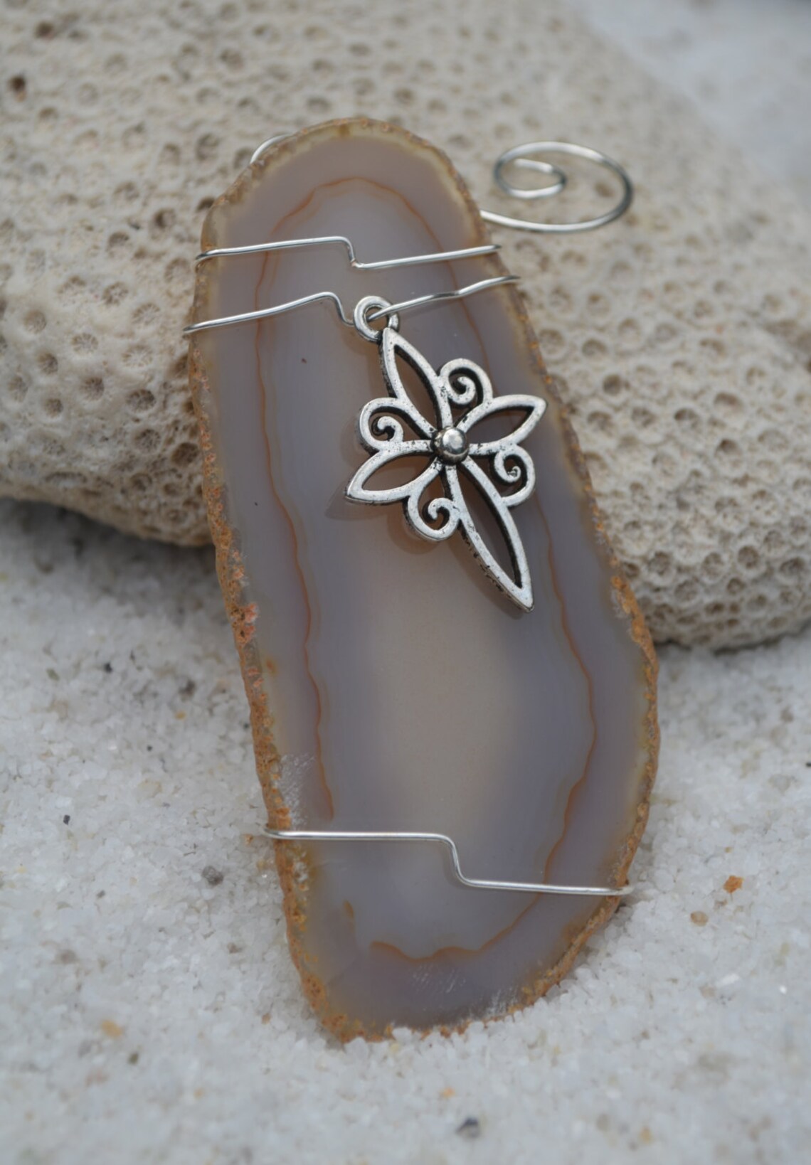 Natural Sliced Agate Wire Wrapped Ornament With a Silver Charm - Etsy