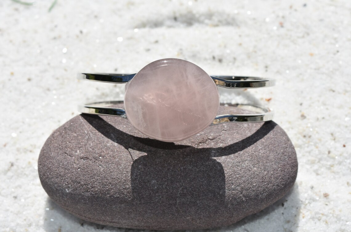Rose Quartz Stone Silver Bangle Cuff Bracelet - Etsy