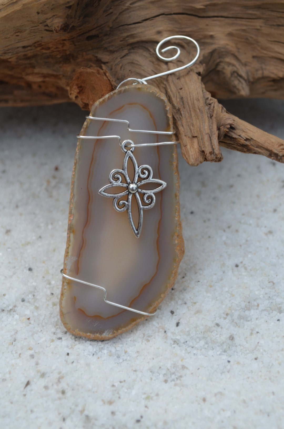 Natural Sliced Agate Wire Wrapped Ornament With a Silver Charm - Etsy
