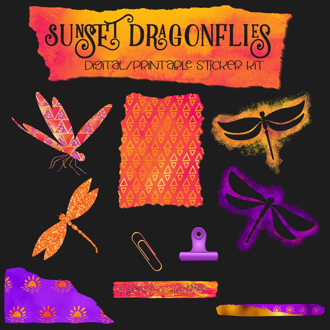 Sunset Dragonfly Stickers Digital or Printable for Planners, Journals ...