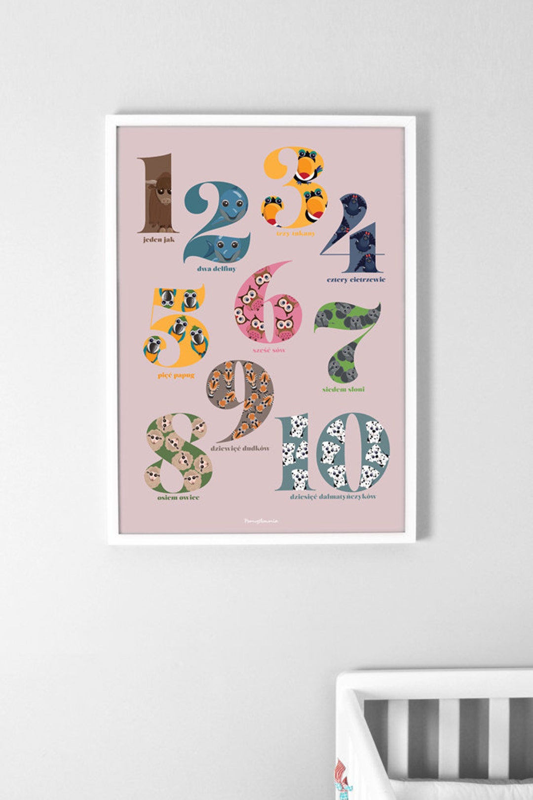 PINK Poster With the Polish NUMBERS and Funny ANIMALS, Large 50x70cm ...
