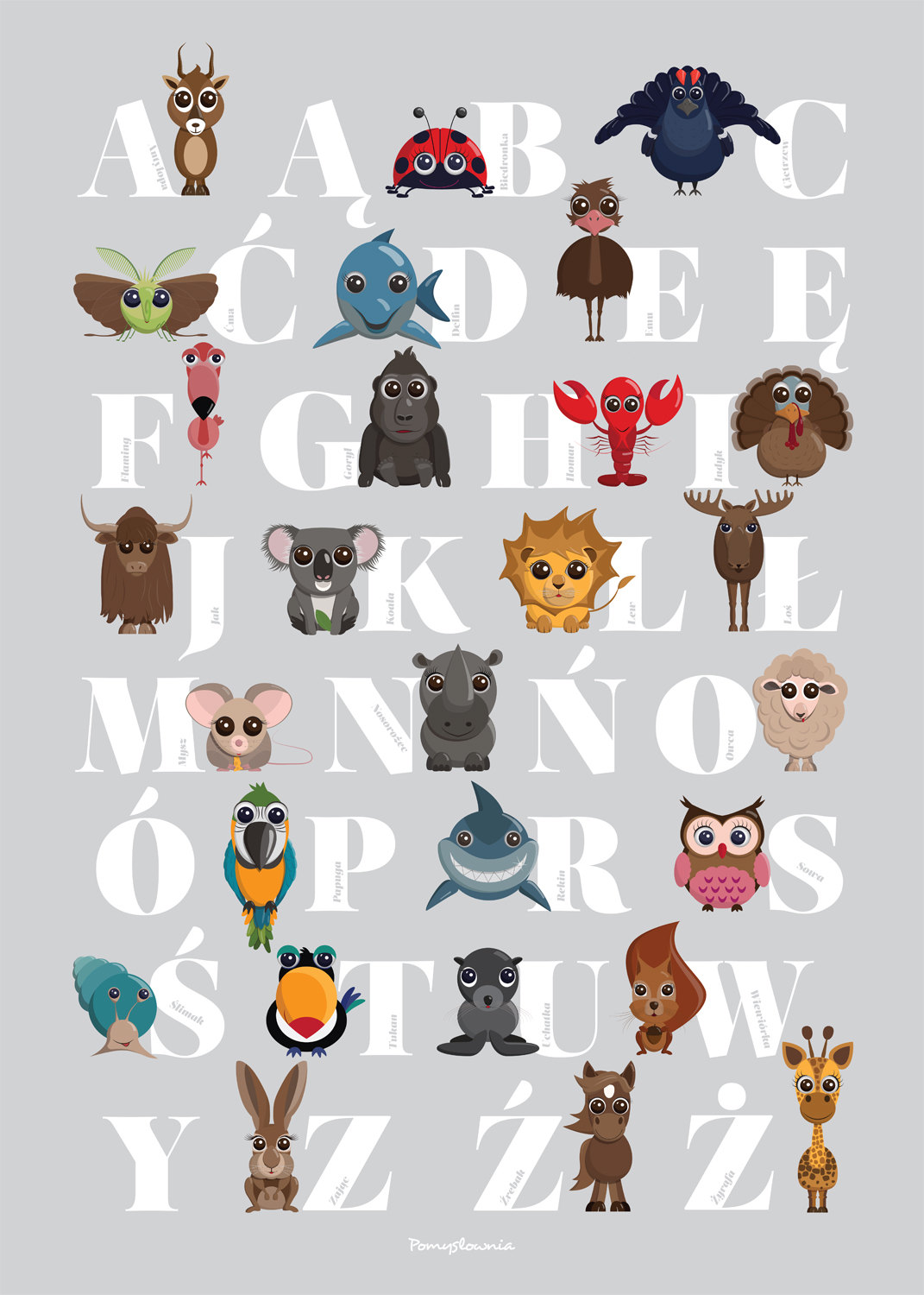 GREY Poster With the Polish Alphabet and FUNNY ANIMALS, Large 50x70cm ...