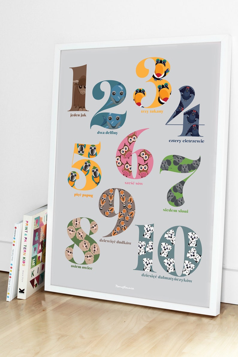 GRAY Poster With the Polish NUMBERS and Funny ANIMALS, Large 50x70cm 19 ...