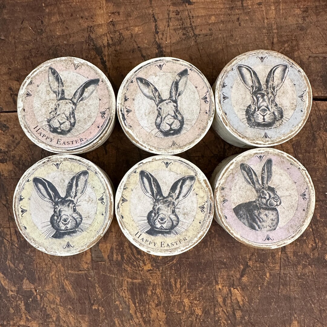 Primitive Grungy Bunny Rabbit Boxes Paper Mache 2.75"round White Bowl ...