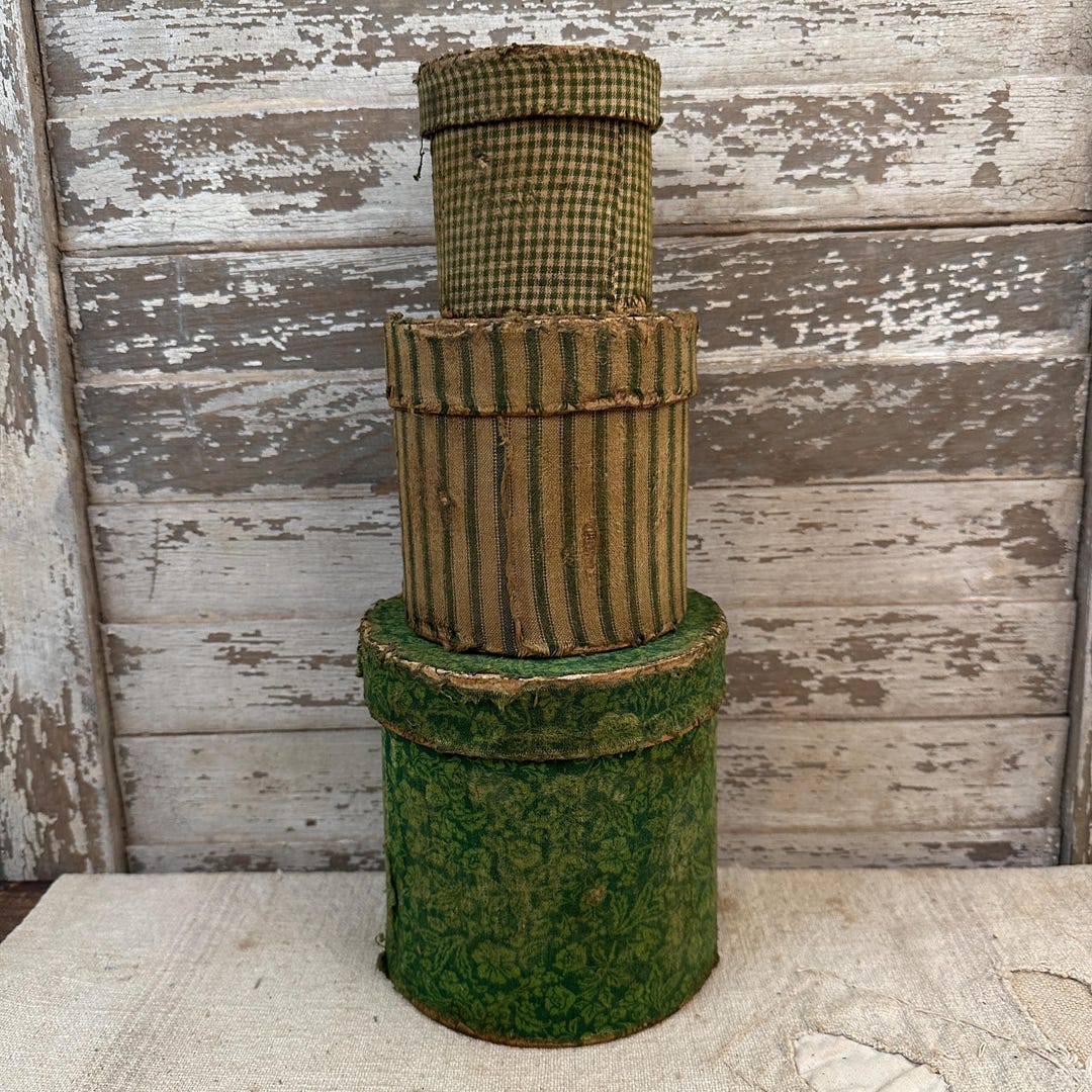 Primitive Grungy Distressed Set of 3 Fabric Covered Round Paper Mache ...