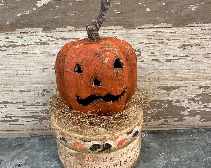 Primitive 2" Paper Mache Pumpkin on A Paper Mache Round 3" Box Grungy ...