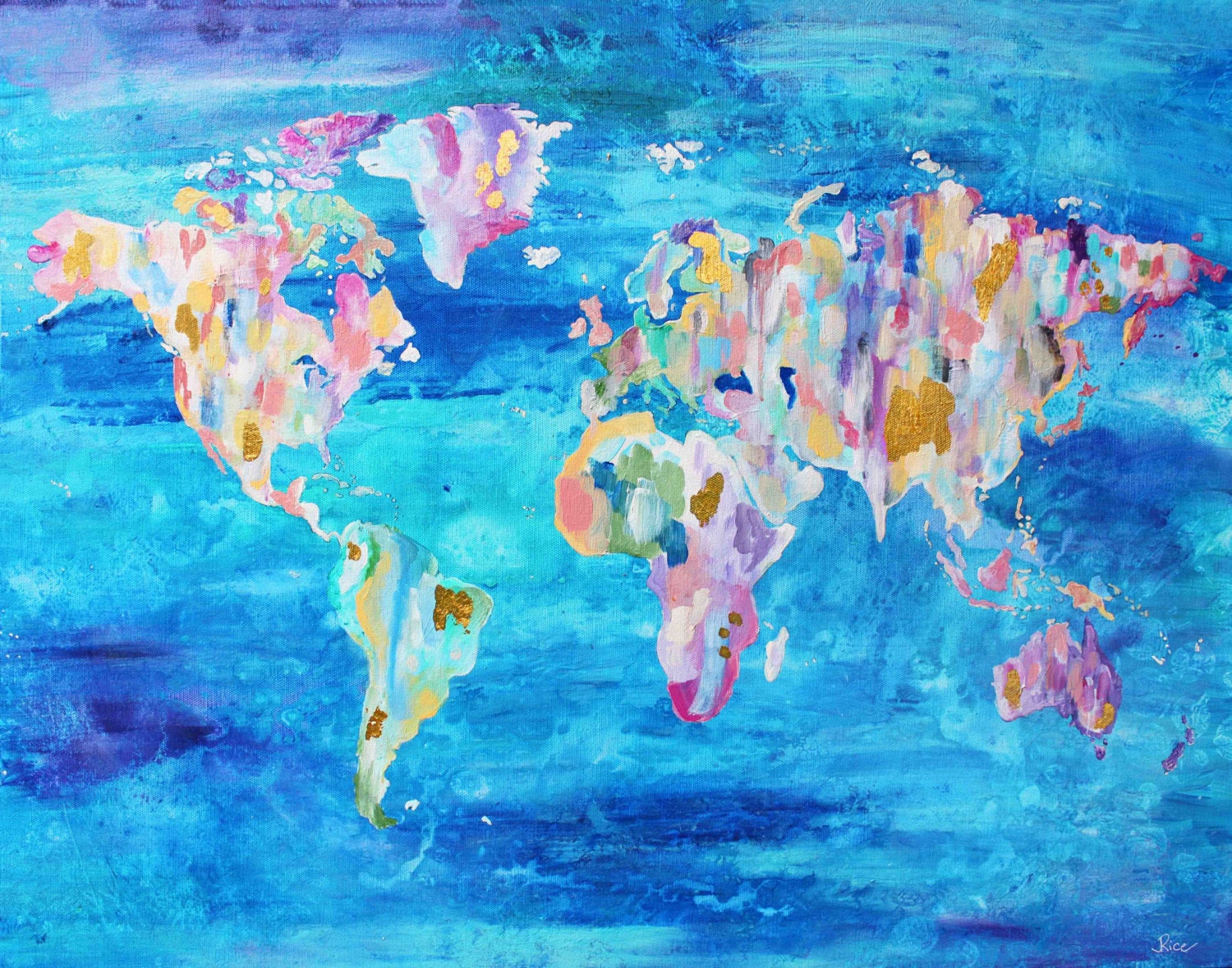 World Map Wall Art Print, Painted World Map, Colorful World Map, World ...
