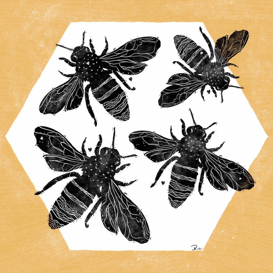 Bees Bee Art Bee Print Bee Decor Bee Lovers Linocut Lino - Etsy