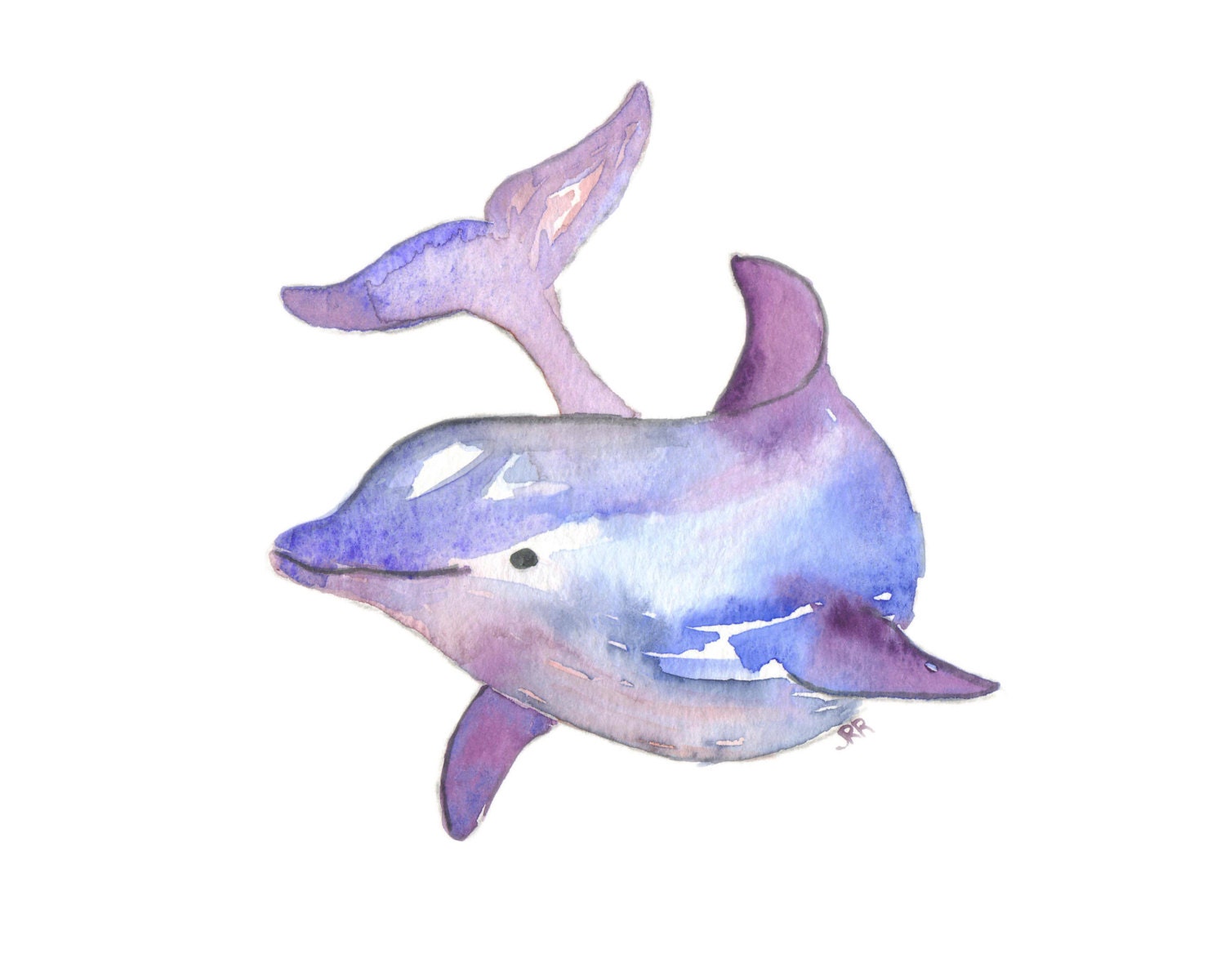 Dolphin Watercolor Art Print Ocean Animal Purple Blue Modern 8x10 Wall ...