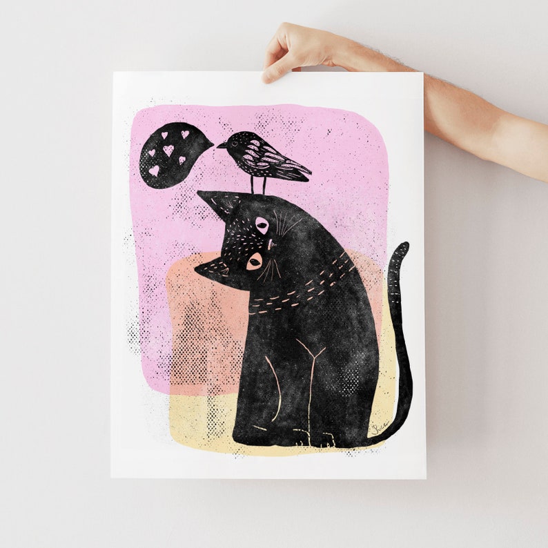 Cat and Bird Block Print, Cat Stamp, Bird Block Print, Block Print ...