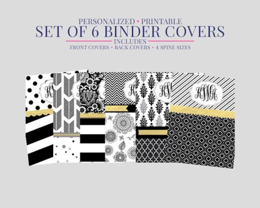 Personalized Printable Binder Covers, Black and White Monogram (set of ...