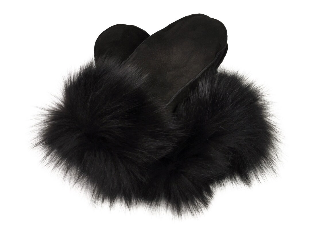 Handmade Black Sheepskin Mittens With Fox Fur. Unisex. Soft Warm and ...
