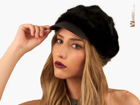 Black Rabbit Fur and Leather Hat. Real Fur Hat. Real Rabbit | Etsy