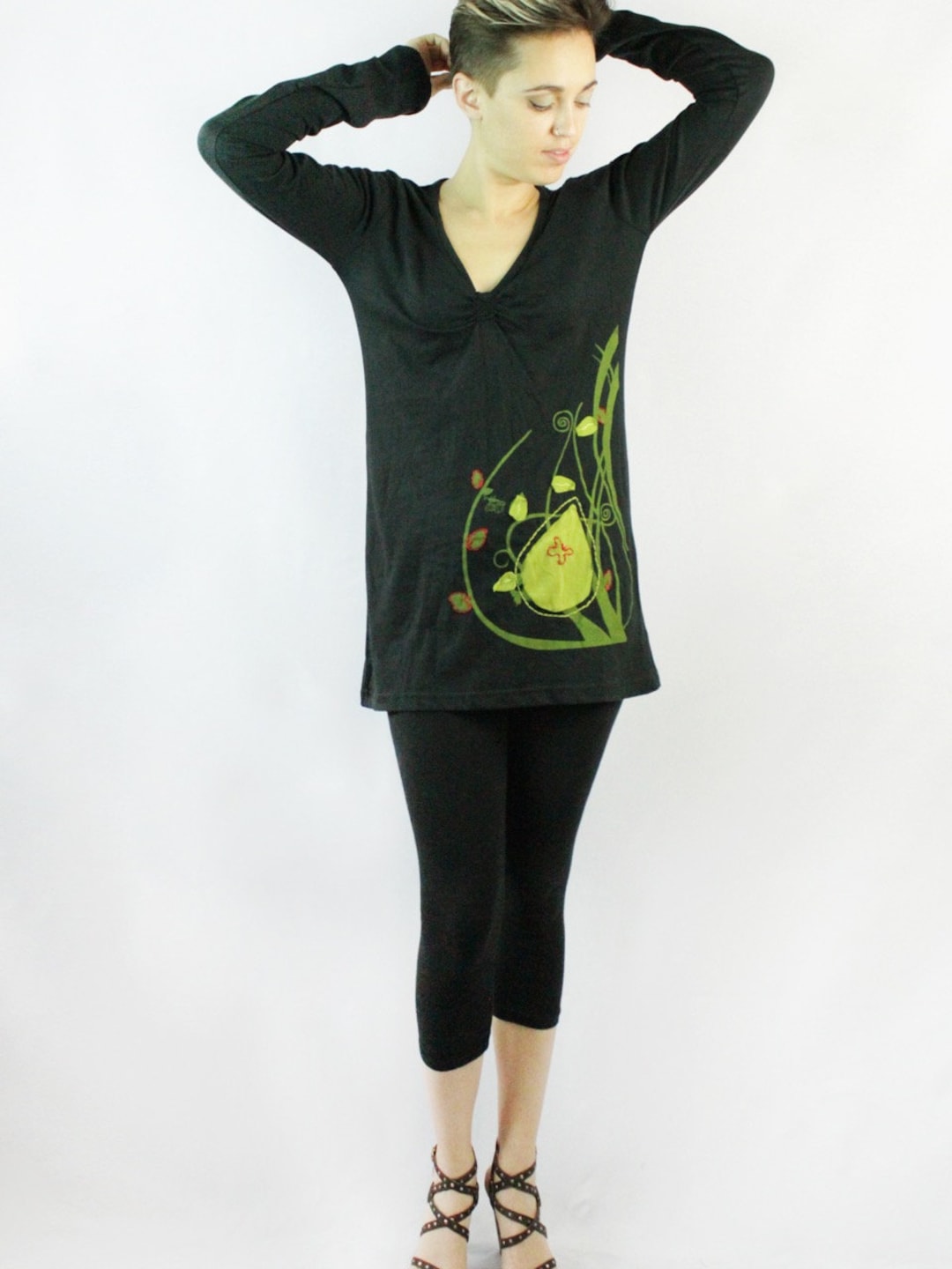 Black Cotton Long Sleeve Top With Prints and Embroidery - Etsy