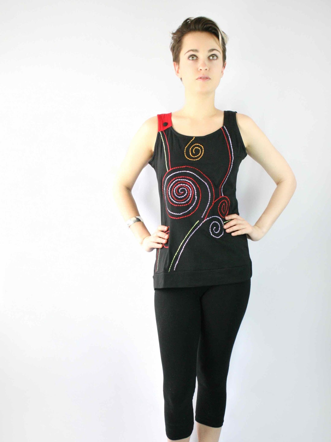 Black Embroidered Twirly Design Top - Etsy