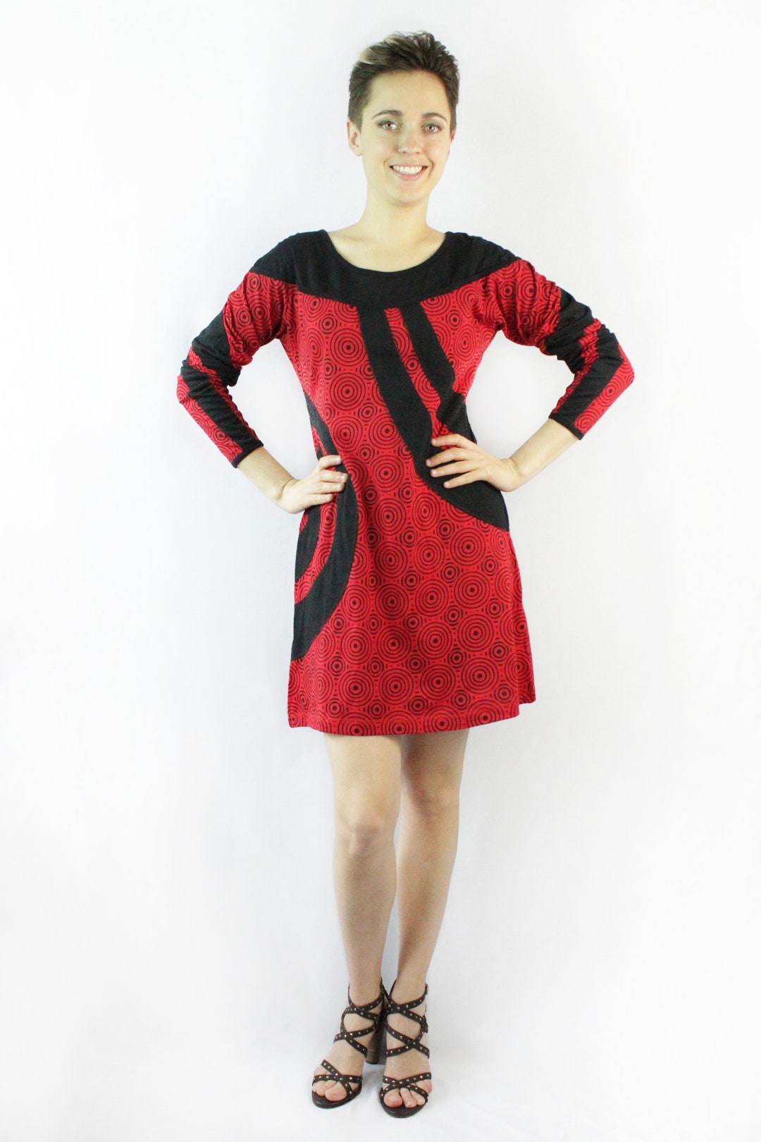 Red Black Geometric Dress Long Sleeves Cotton - Etsy