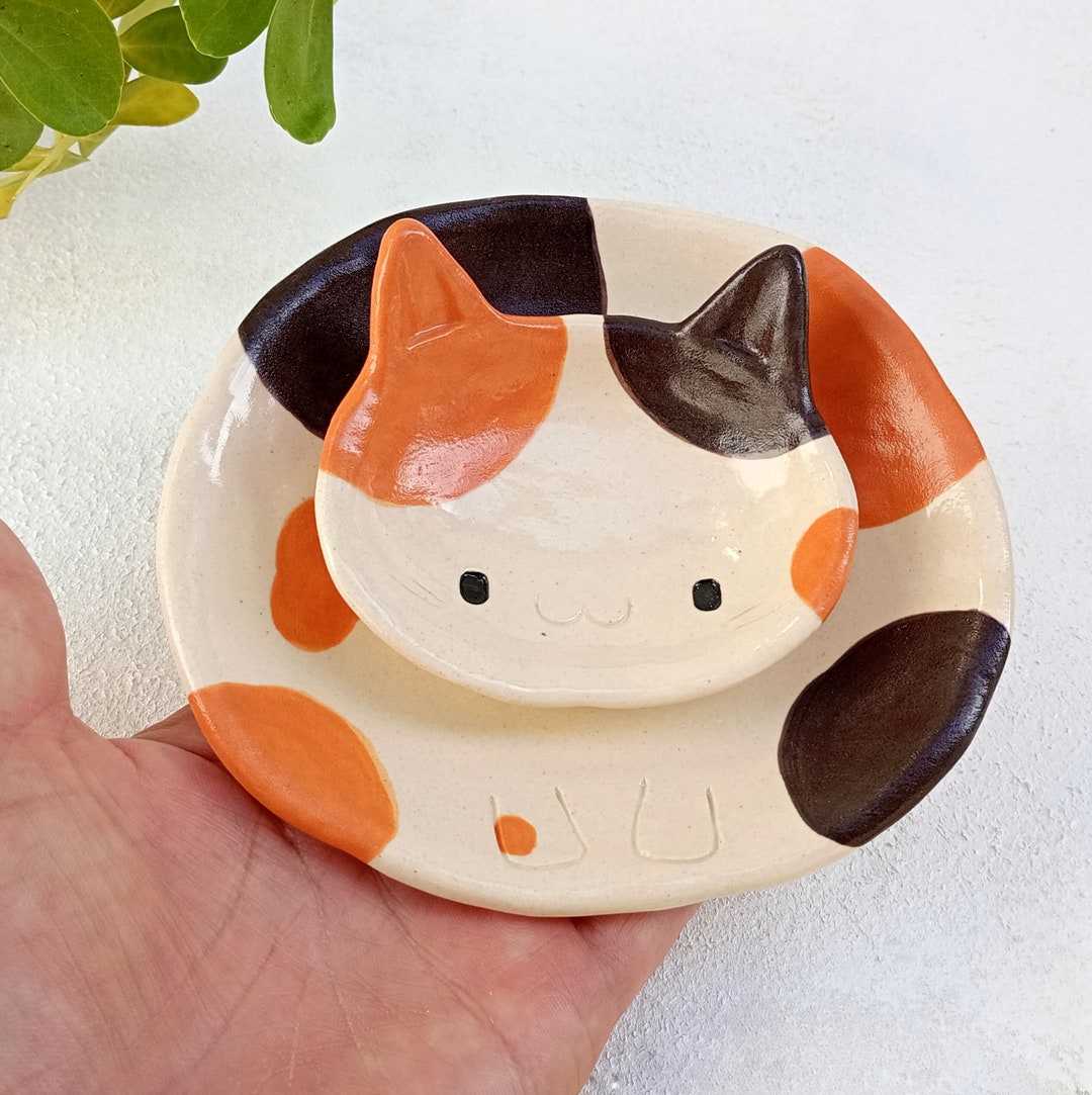 Funny Calico Cat Pair of Small Plates Pottery Kitten Lover Gift ...