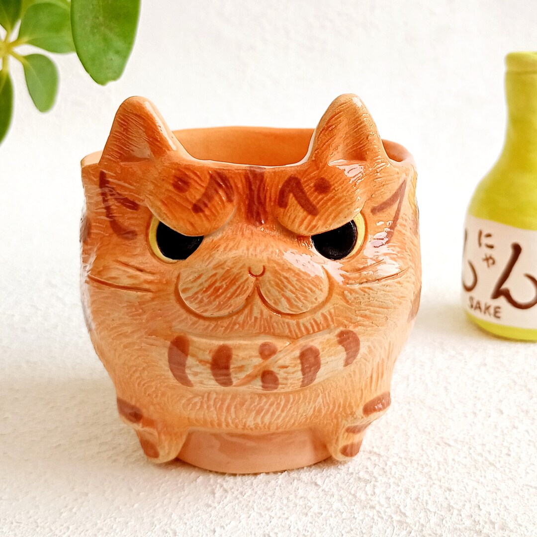 Funny Orange Cat Sake Guinomi Liquor Cup Japanese Handmade Pottery Cat ...