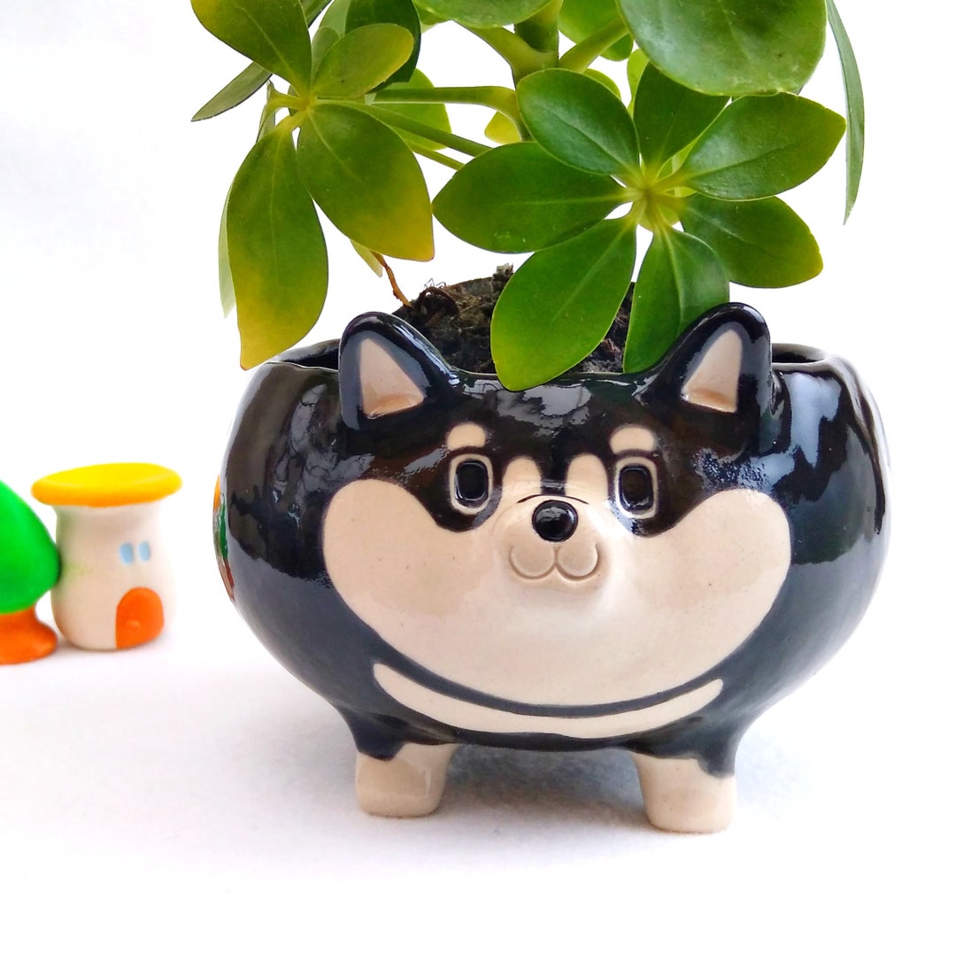 Black Shiba Inu Flower Pot 3.5" Funny Ceramic Dog Lovers Gift Japanese ...