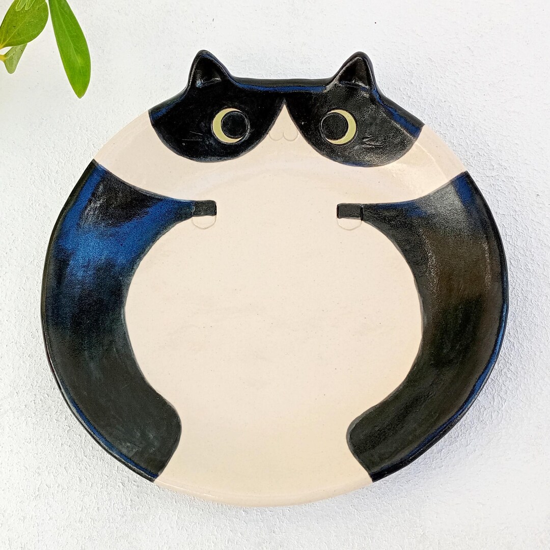 Handmade Ceramic Cat Plate: Black and White Kitten Dish, 6.4 Inch - Etsy