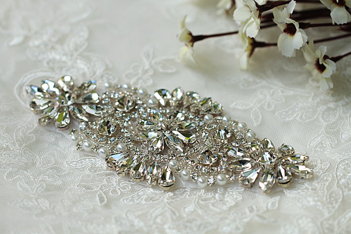 Pearl Rhinestone Beaded Applique Rhinestone Applique Crystal - Etsy