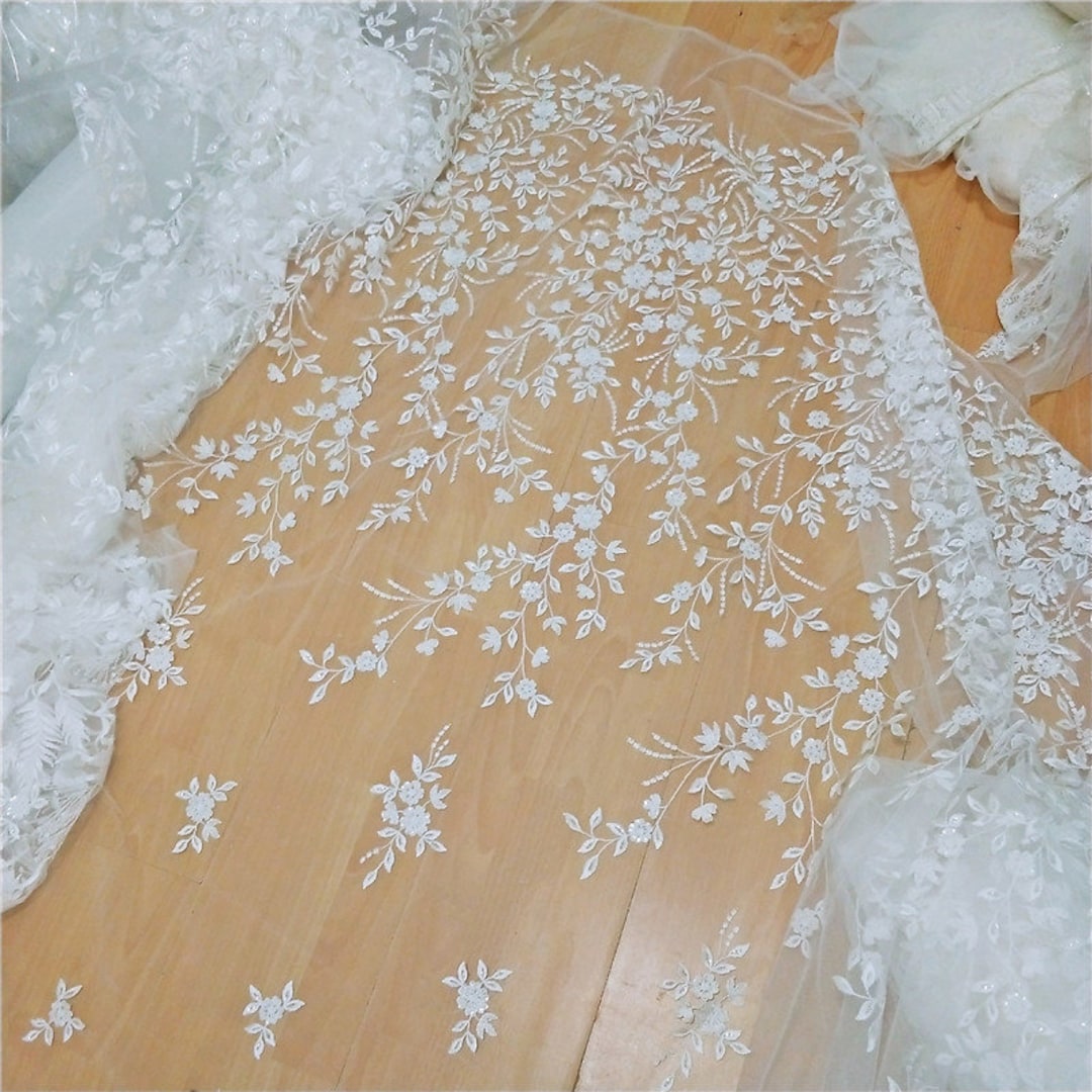 Ivory Floral Sequin Lace Fabric, Embroidered Tulle, Bridal Veil, 51 ...